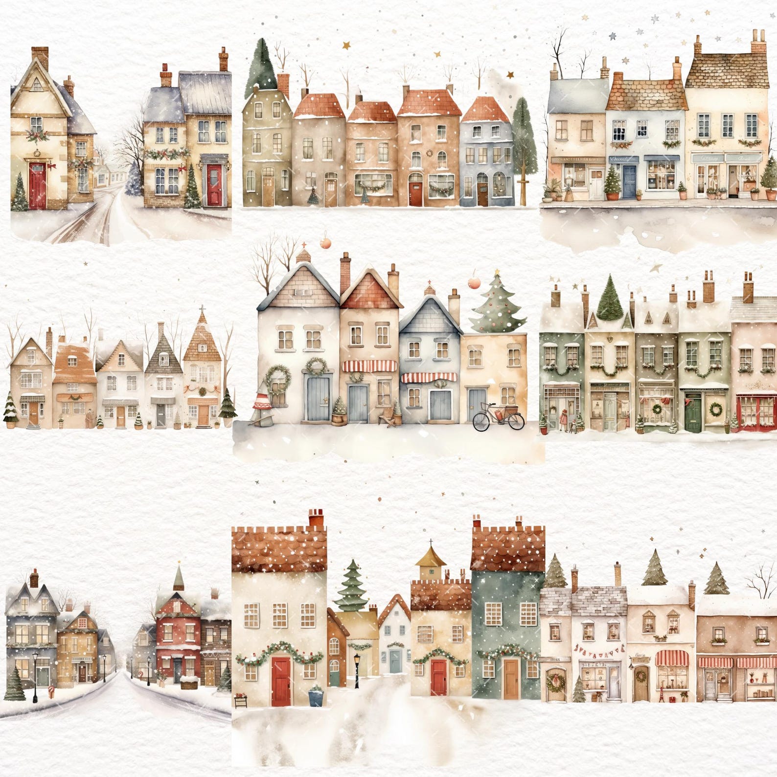 Rustic Christmas Village Clipart Snowy Houses Winter Village Scene ...