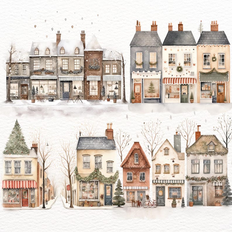 Rustic Christmas Village Clipart Snowy Houses Winter Village Scene ...
