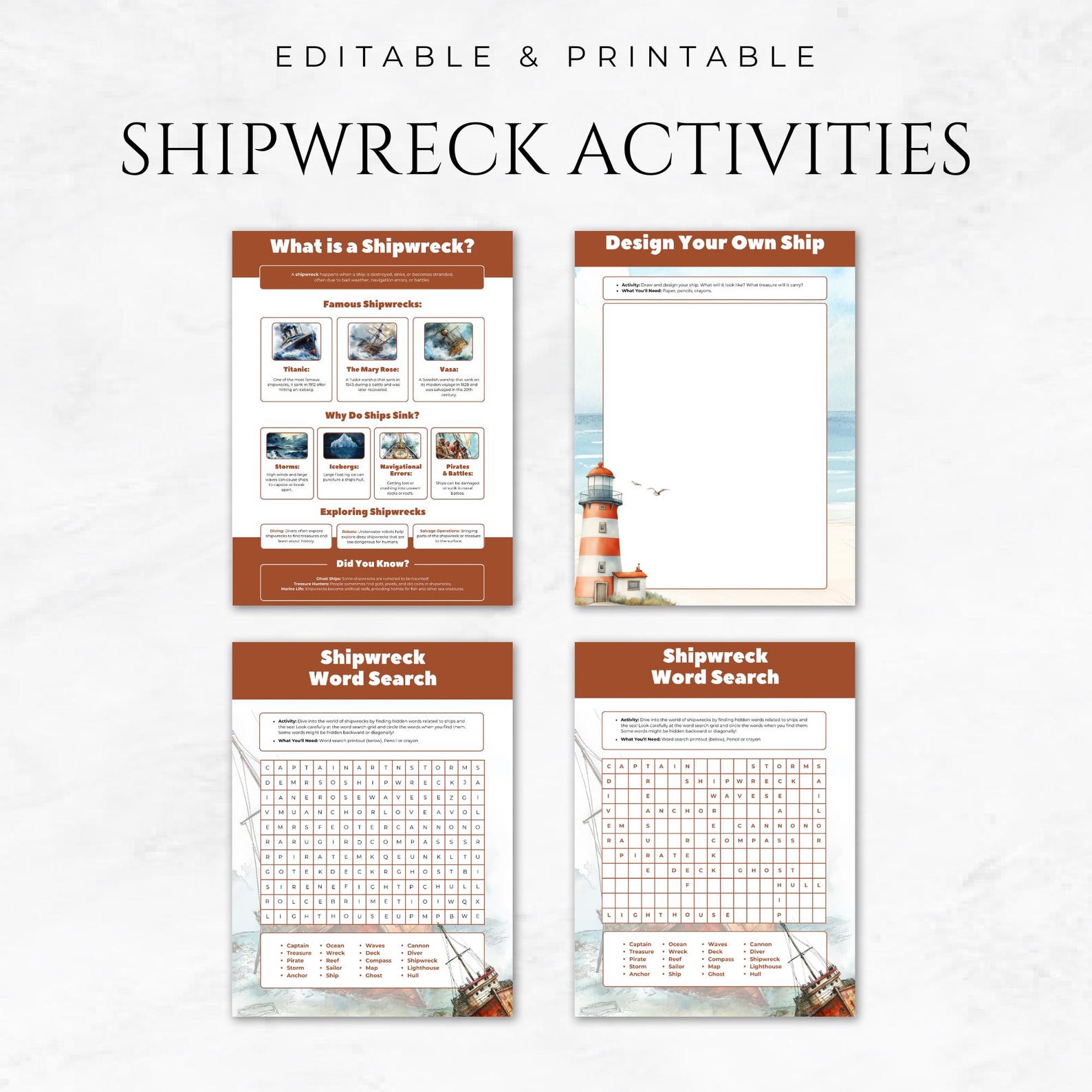 Shipwreck Activities for Kids Shipwreck Word Search Cross Word Puzzle ...