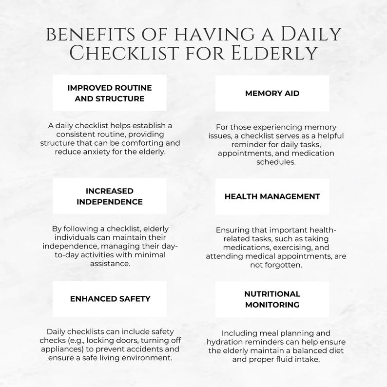 Daily Checklist for Elderly Senior Care Checklist Elderly Routine ...