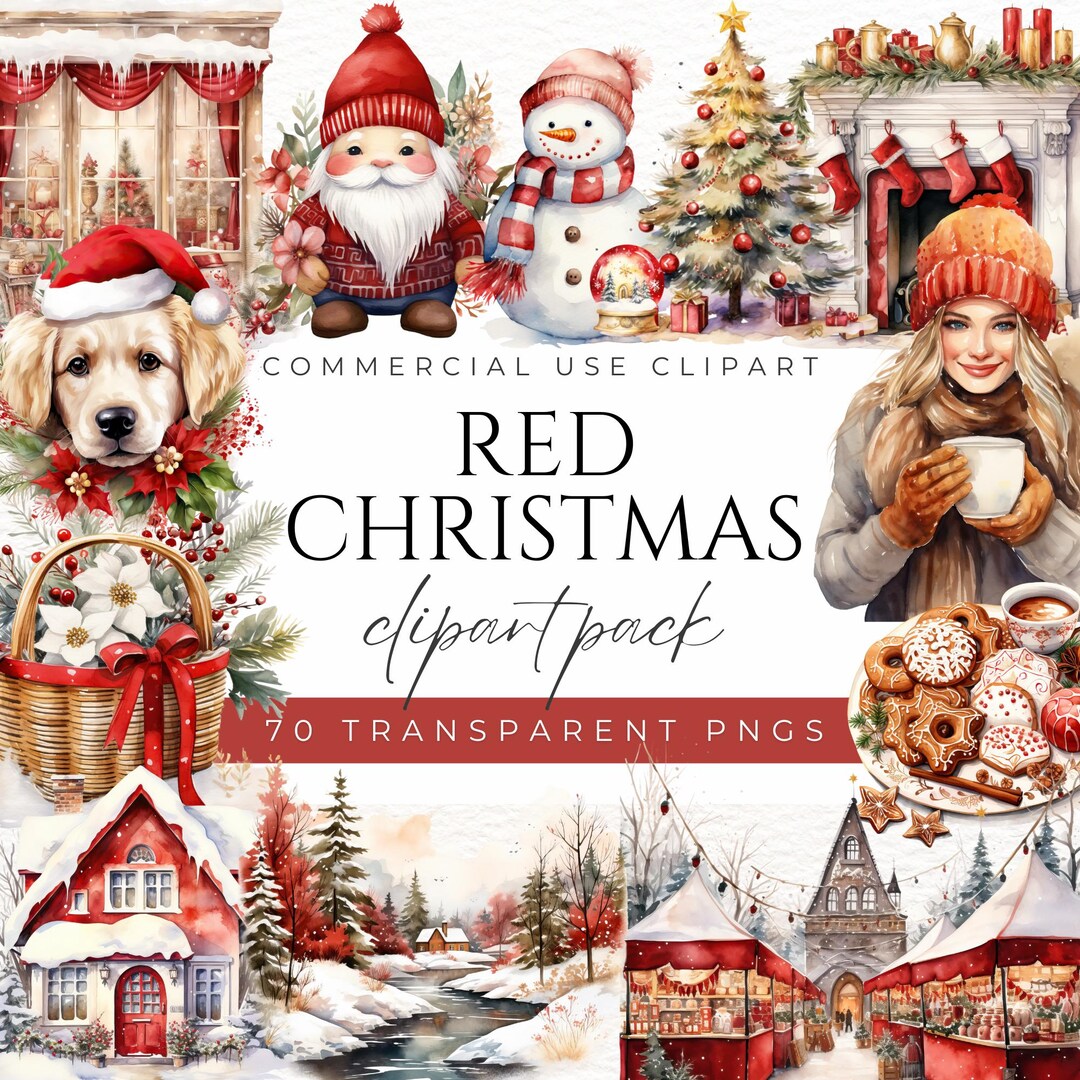 Red Christmas Clipart Watercolor Festive Winter Holiday Clipart ...
