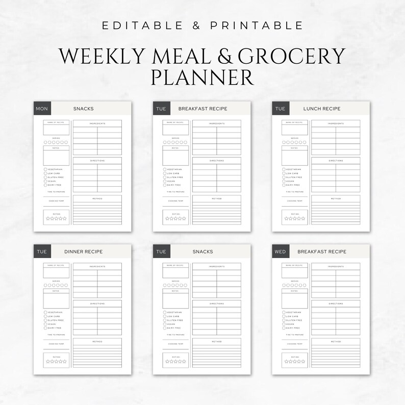 Weekly Meal & Grocery Planner Template Printable Meal Planner Grocery ...