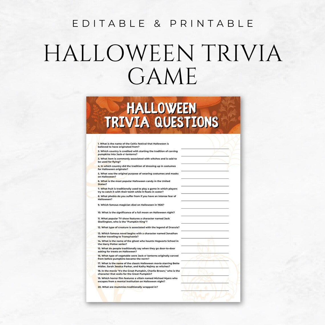 Halloween Trivia Game Template Printable DIY Halloween Games Spooky ...