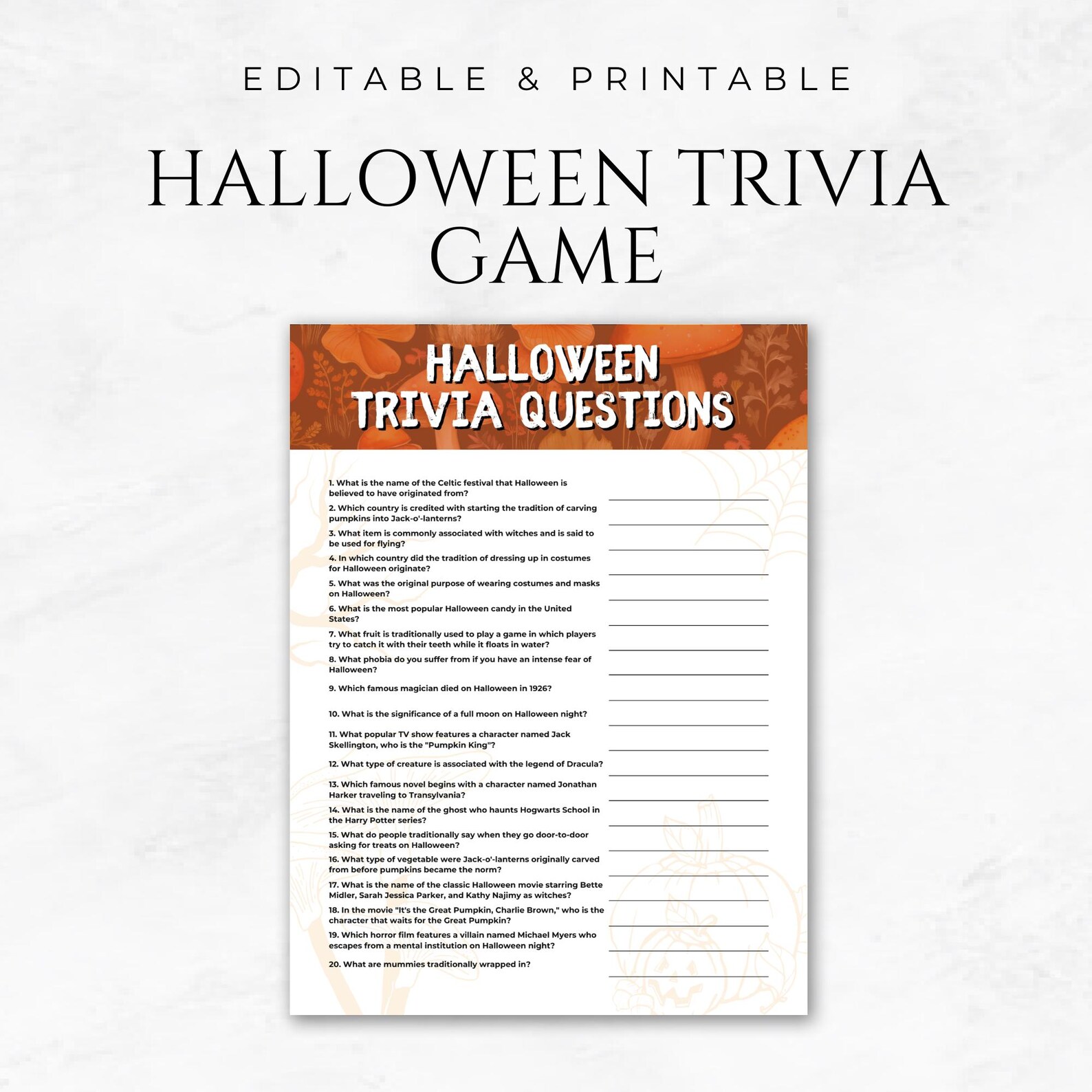 Halloween Trivia Game Template Printable DIY Halloween Games Spooky ...