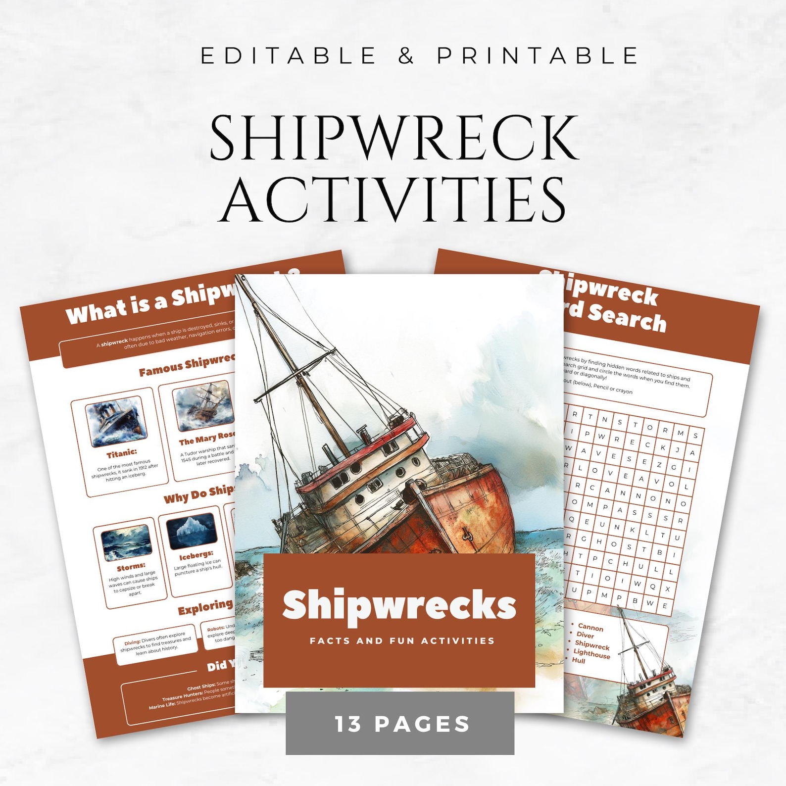 Shipwreck Activities for Kids Shipwreck Word Search Cross Word Puzzle ...