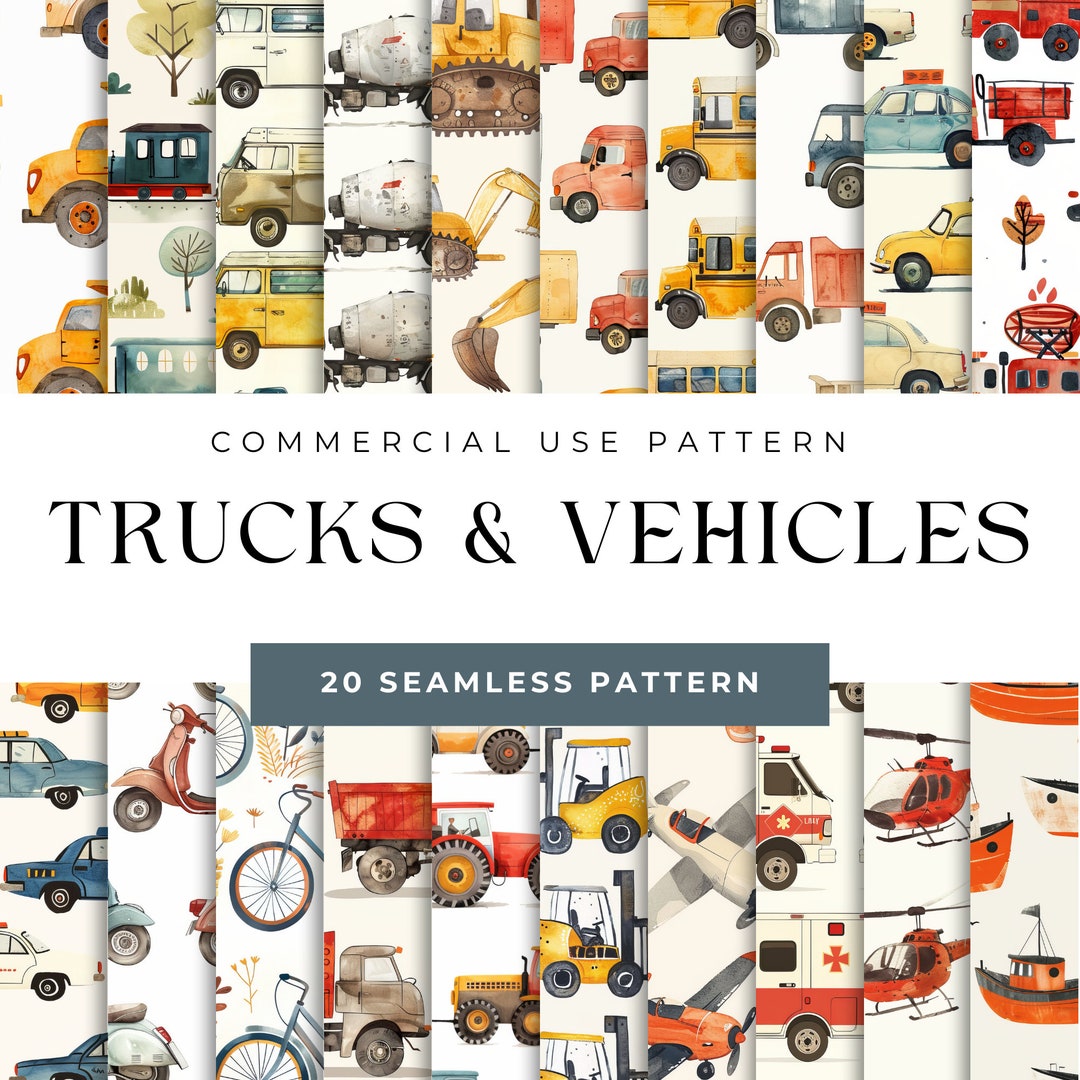 Seamless Cute Trucks and Vehicles Digital Patterns Construction Trucks ...
