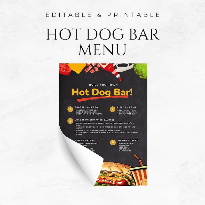 Hot Dog Bar Menu Template Printable Hot Dog Station Menu BBQ Party Menu ...