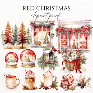 Red Christmas Clipart Watercolor Festive Winter Holiday Clipart ...