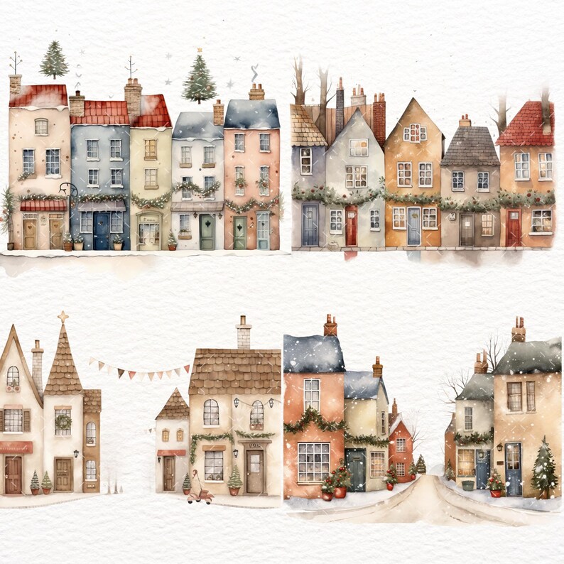 Rustic Christmas Village Clipart Snowy Houses Winter Village Scene ...