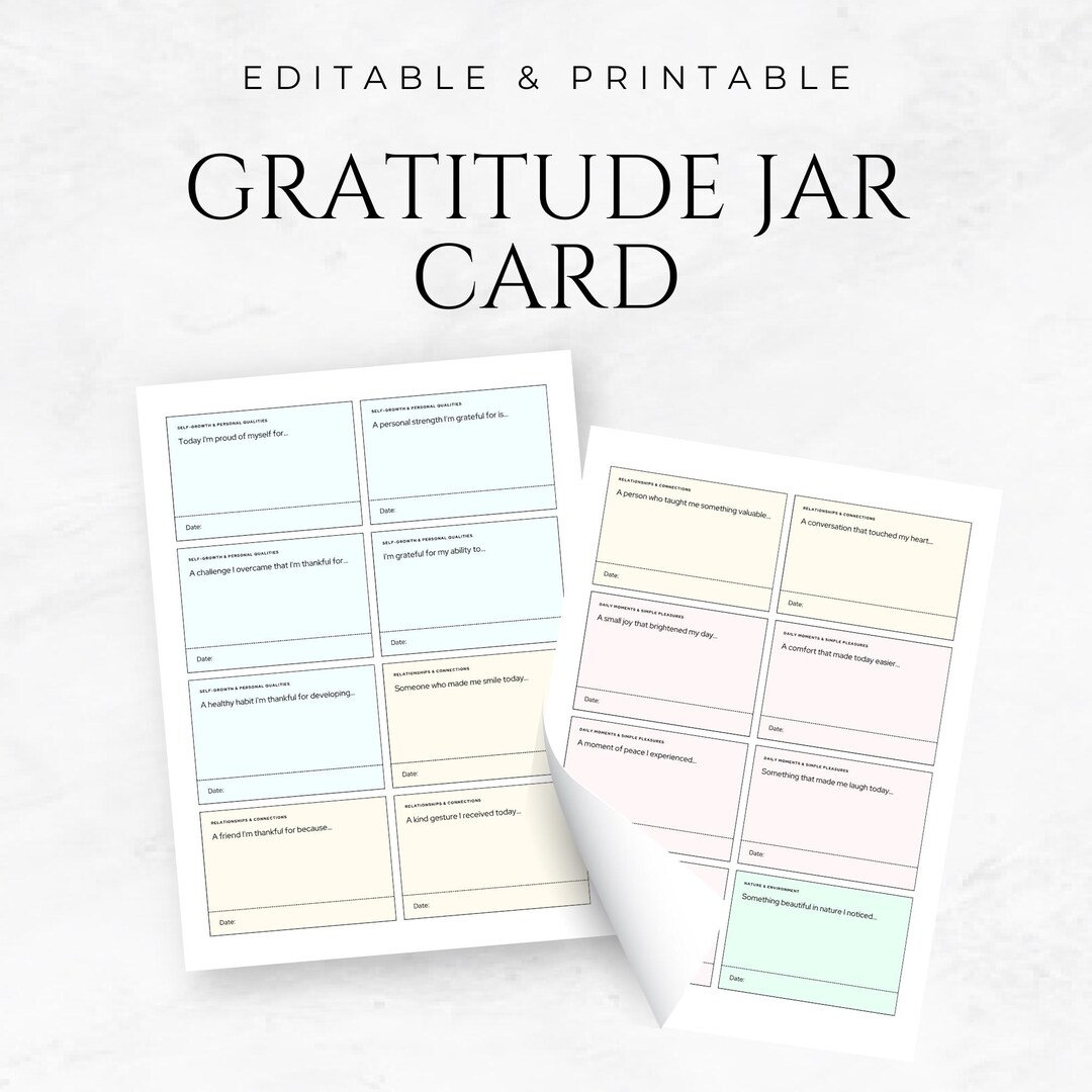Gratitude Jar Card Template Printable Thankful Jar Cards Mindfulness ...