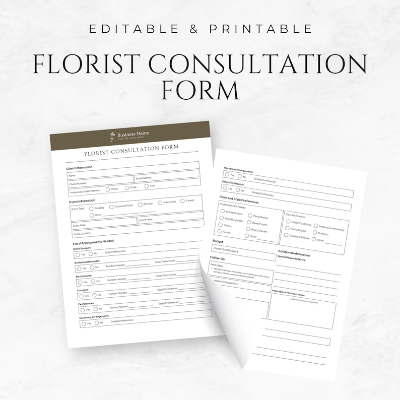 Florist Consultation Form Template Floral Business Form Flower Shop ...
