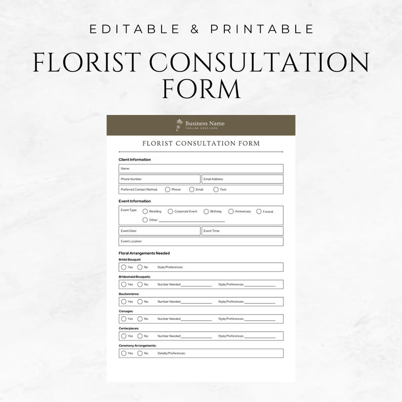 Florist Consultation Form Template Floral Business Form Flower Shop ...