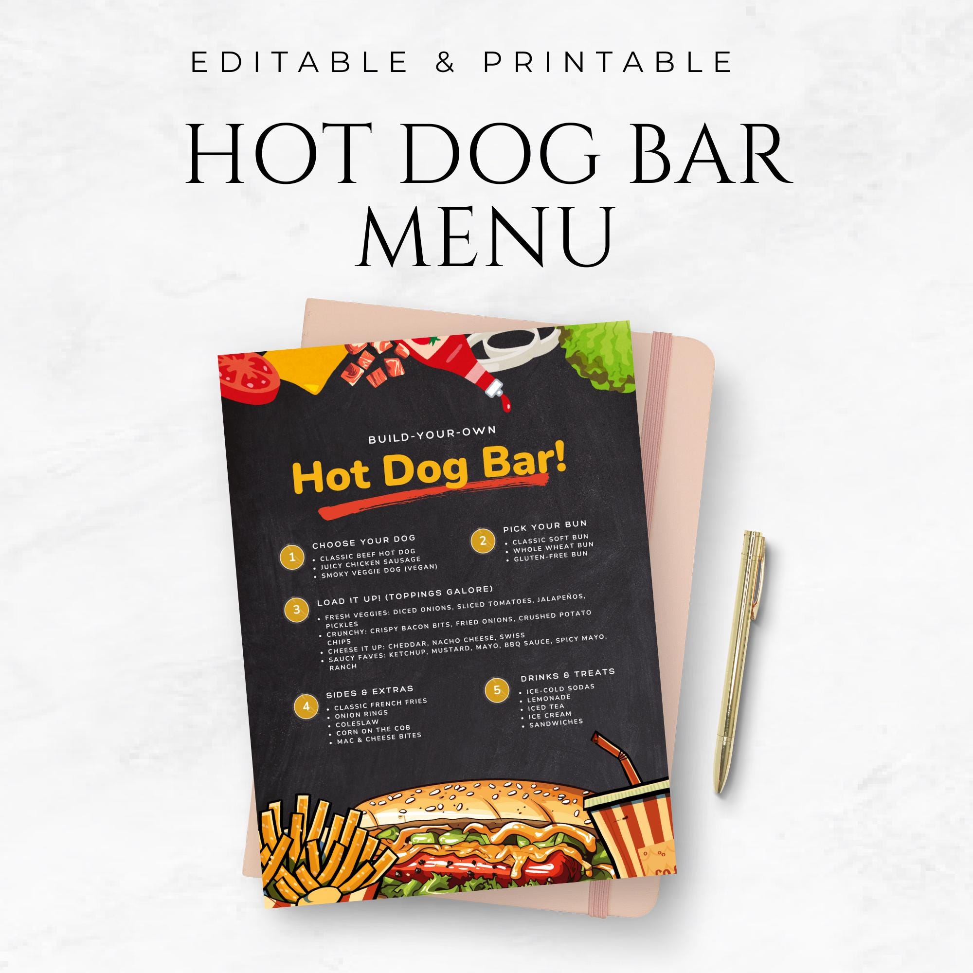 Hot Dog Bar Menu Template Printable Hot Dog Station Menu BBQ Party Menu ...