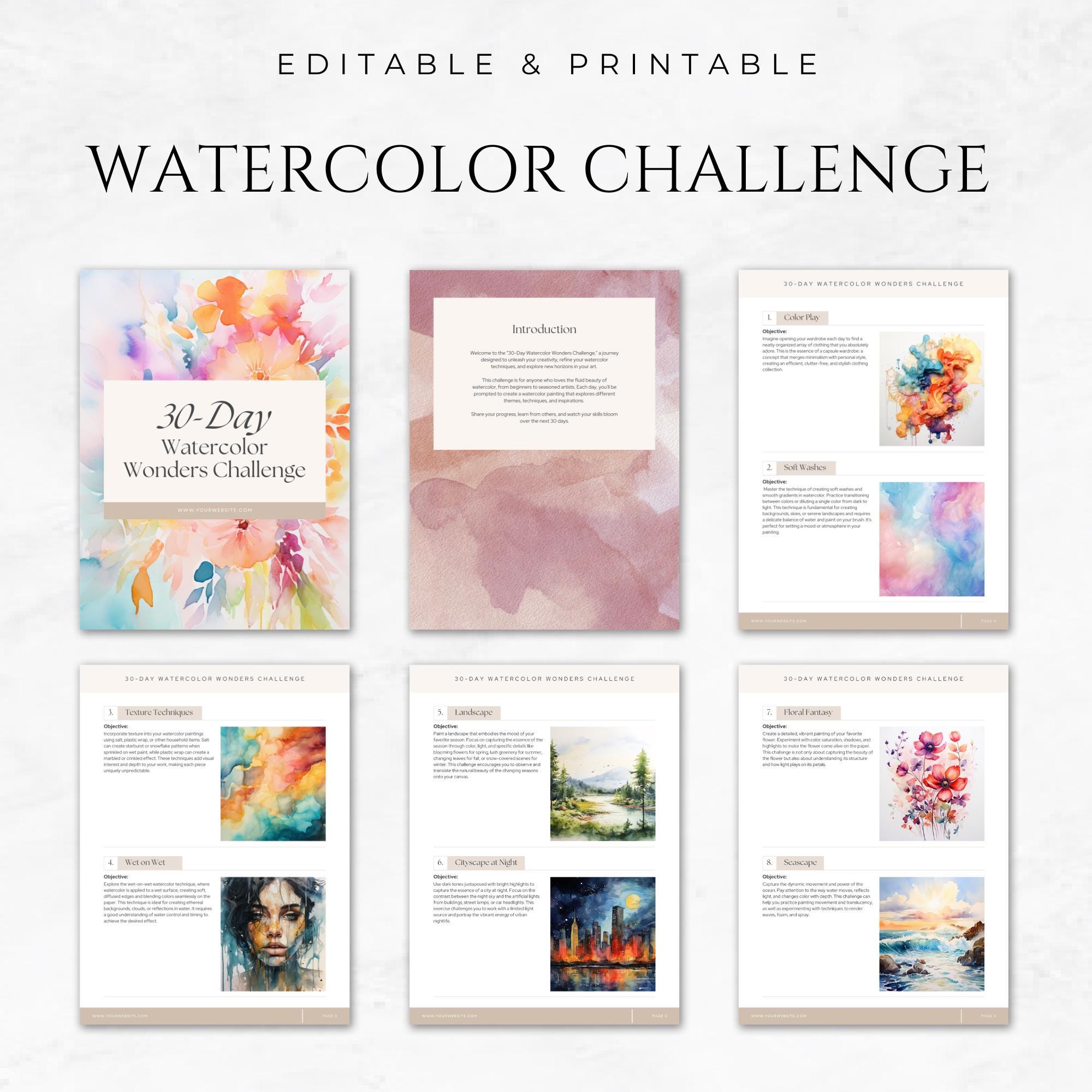 30-day Watercolor Challenge Templates Printable Watercolor Painting ...