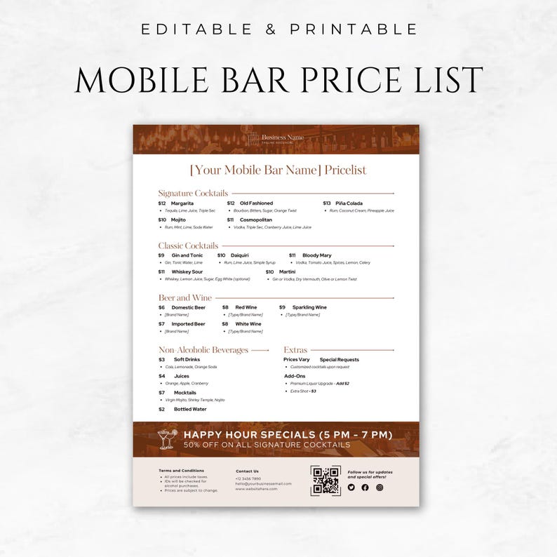 Mobile Bar Price List Template Drink Menu Editable Menu Cocktail Menu