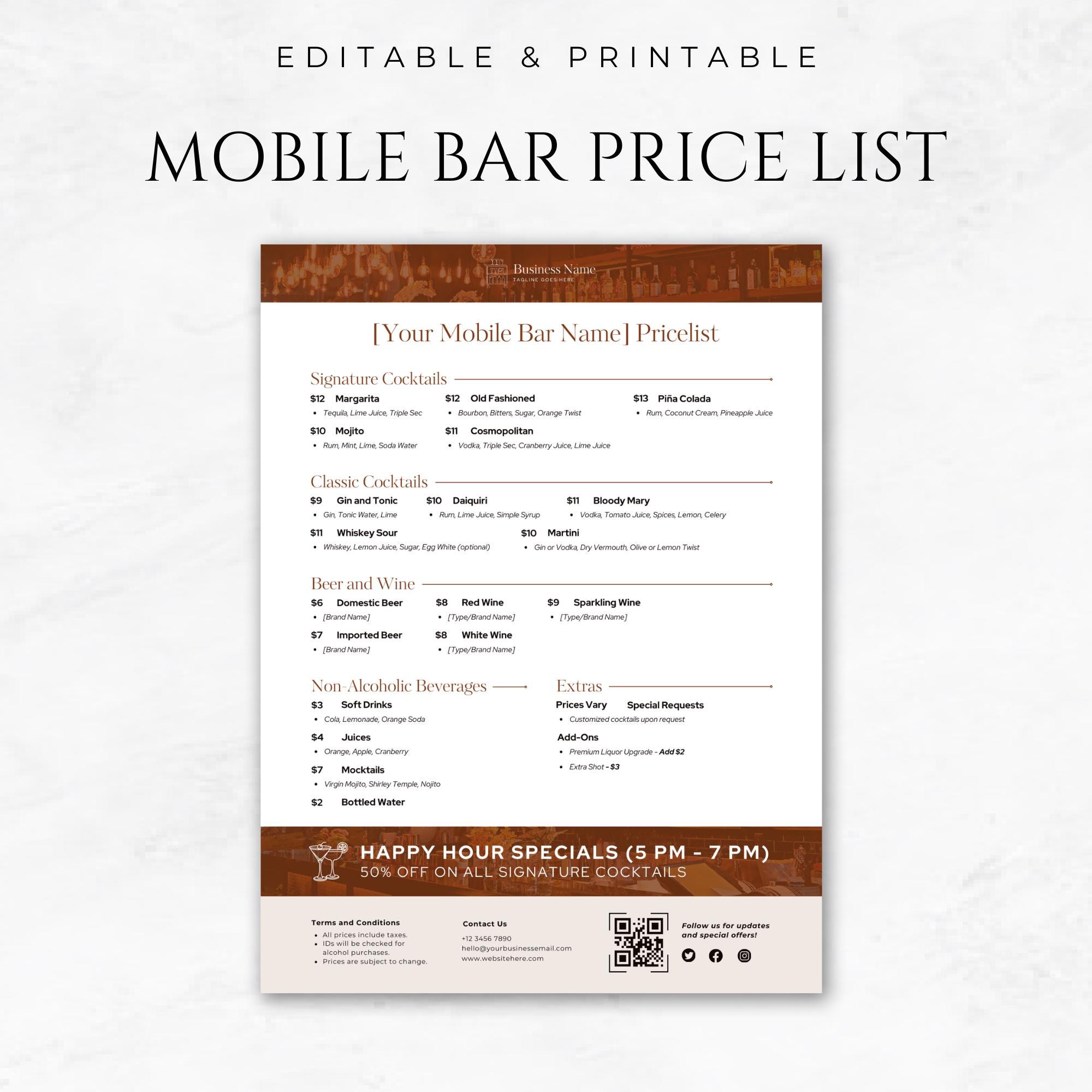 Mobile Bar Price List Template Drink Menu Editable Menu Cocktail Menu ...