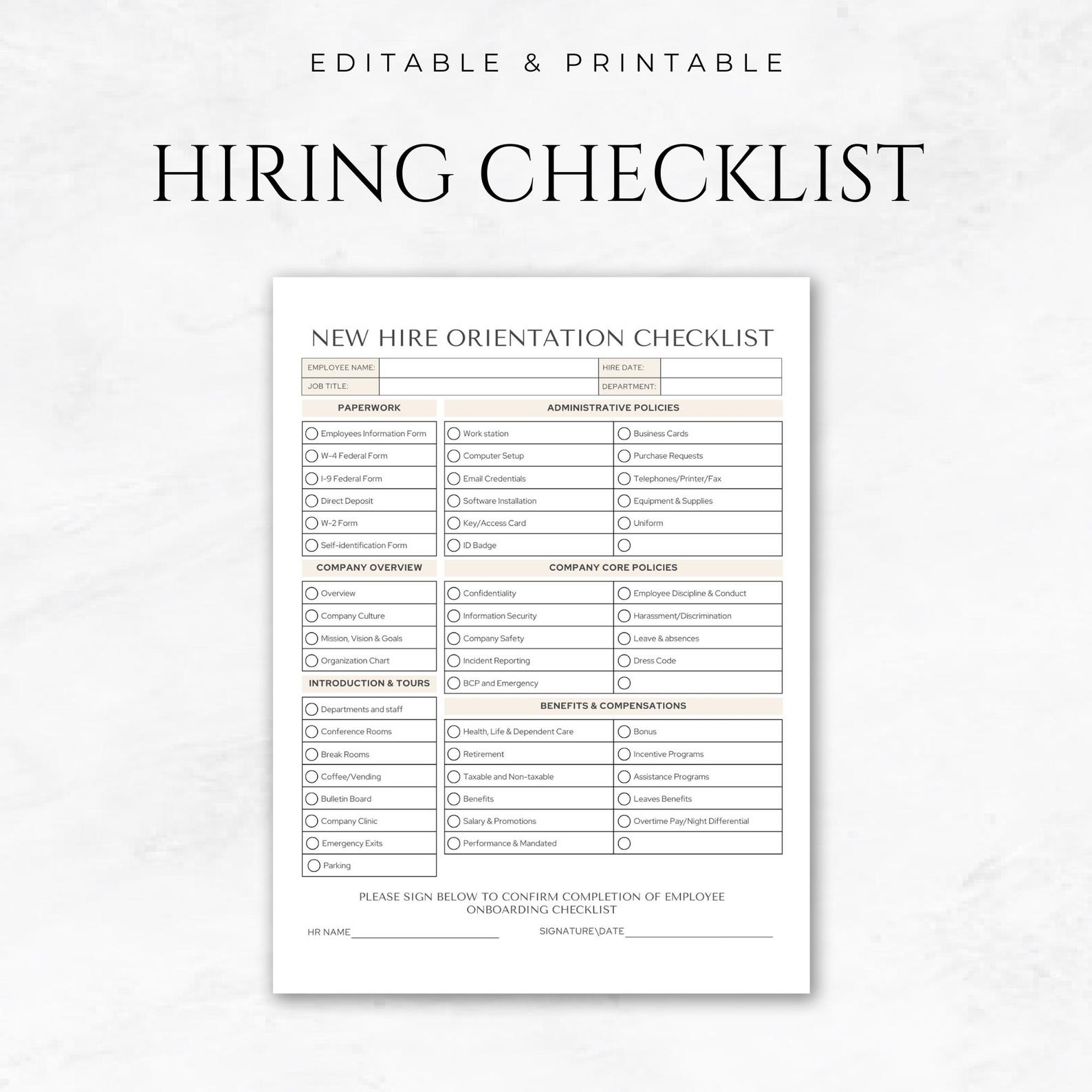 Hiring Checklist Template Printable New Hire Checklist Job Offer Letter ...
