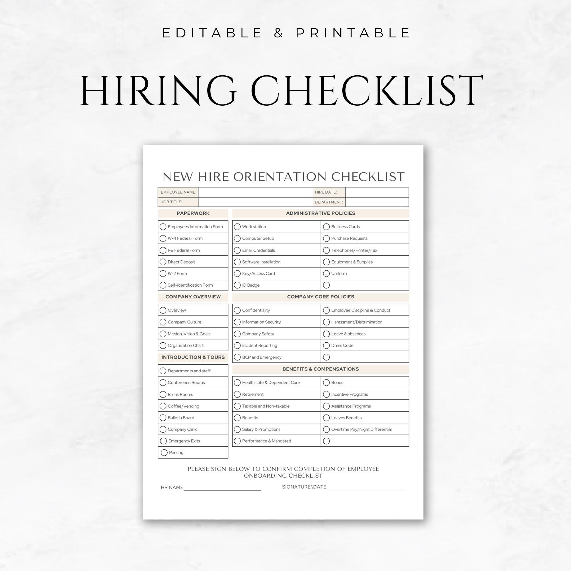 Hiring Checklist Template Printable New Hire Checklist Job Offer Letter ...