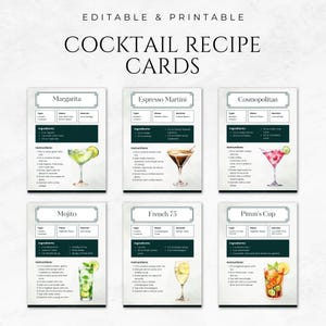Cocktail Recipe Cards Templates Printable Drink Recipe Card Bar Cart ...