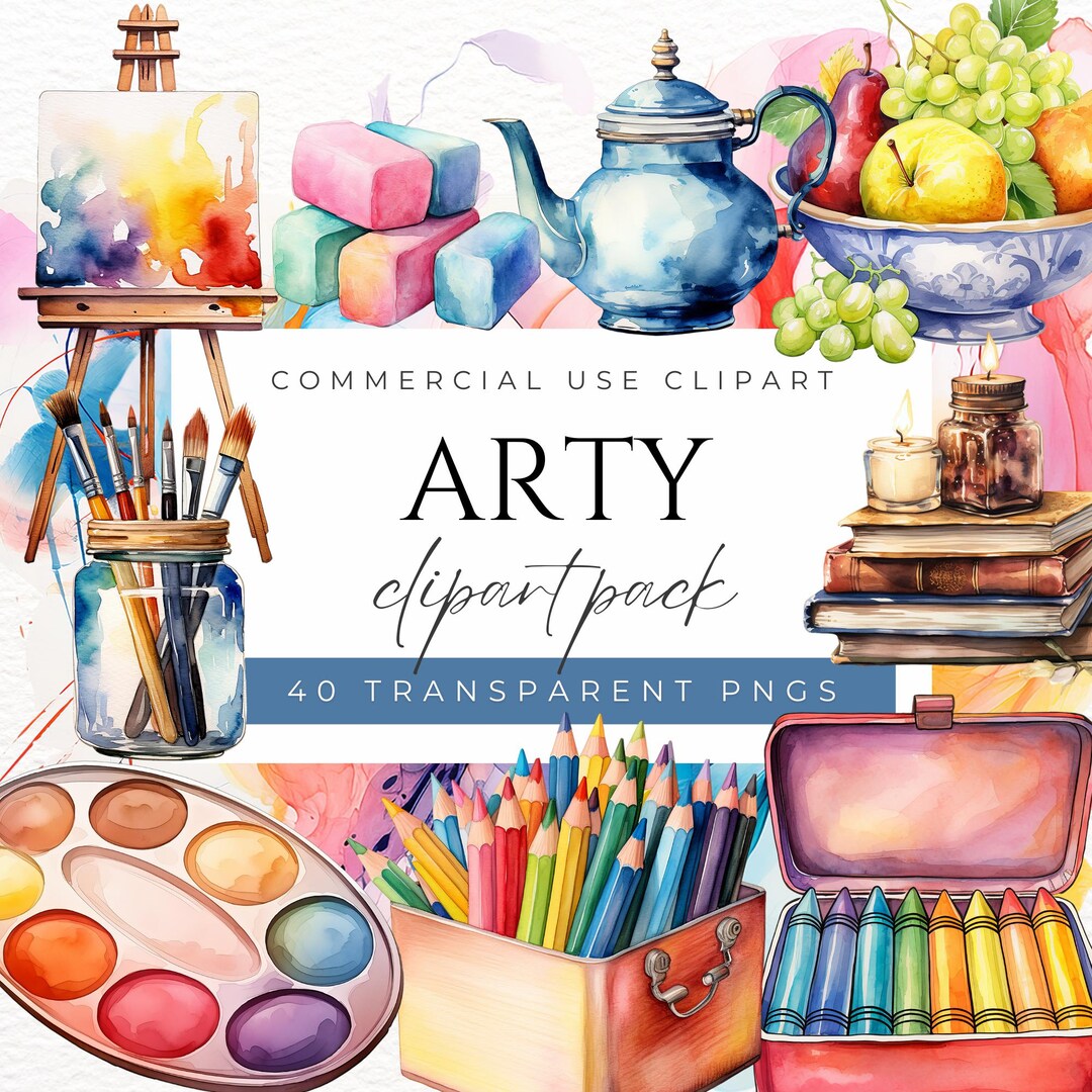 Arty Clipart Pack Watercolor Artist Tools Paint Brush & Palette Pngs ...