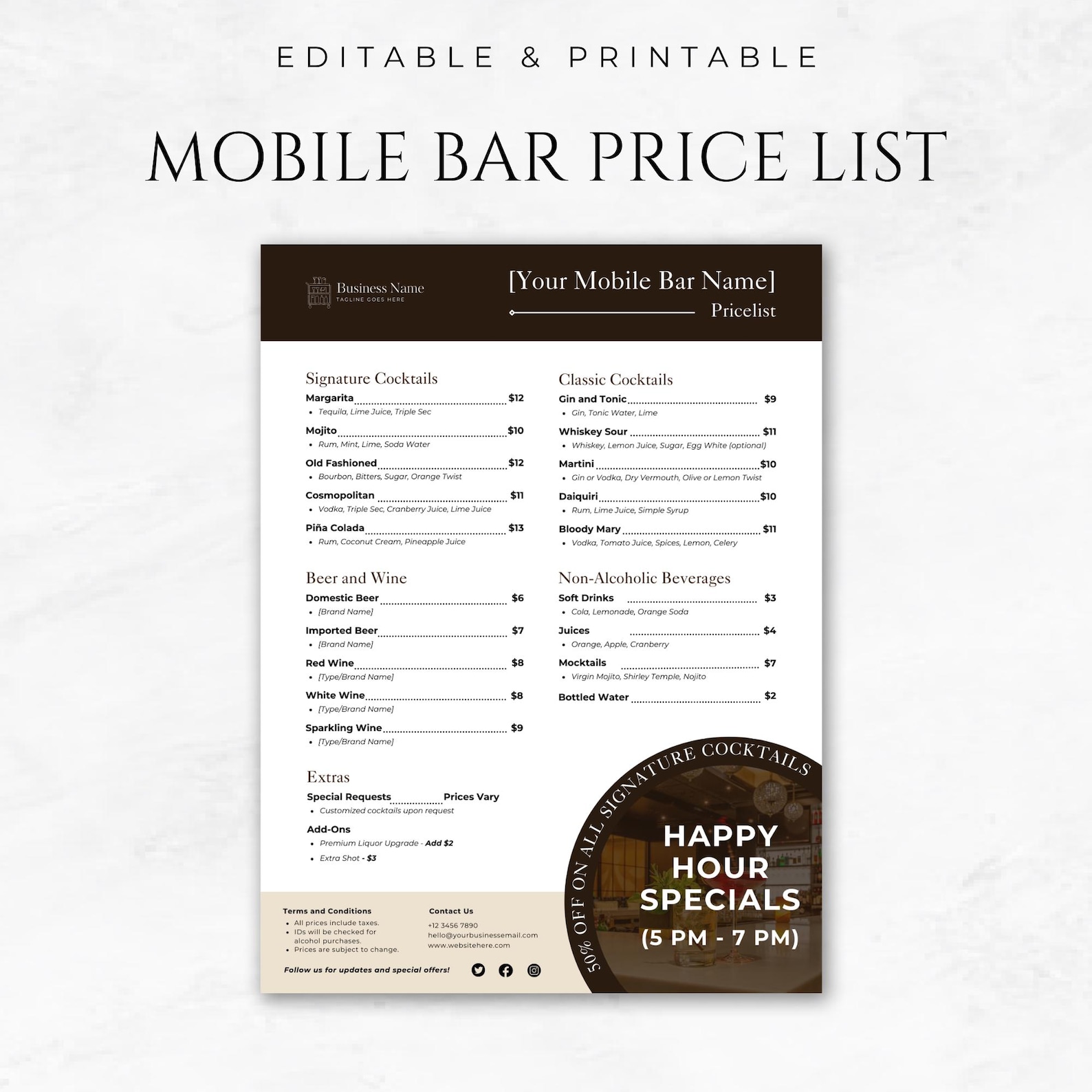 Mobile Bar Price List Template Drink Menu Editable Menu Cocktail Menu ...