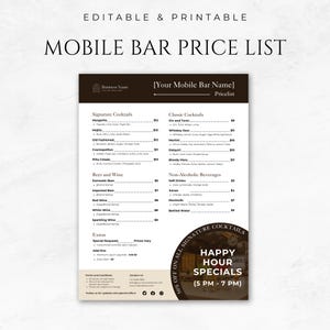 Mobile Bar Price List Template Drink Menu Editable Menu Cocktail Menu ...