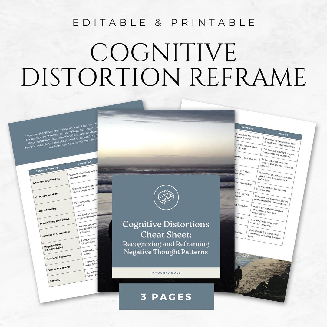 Cognitive Distortion Reframe Cheat Sheet Template Printable CBT Reframe ...