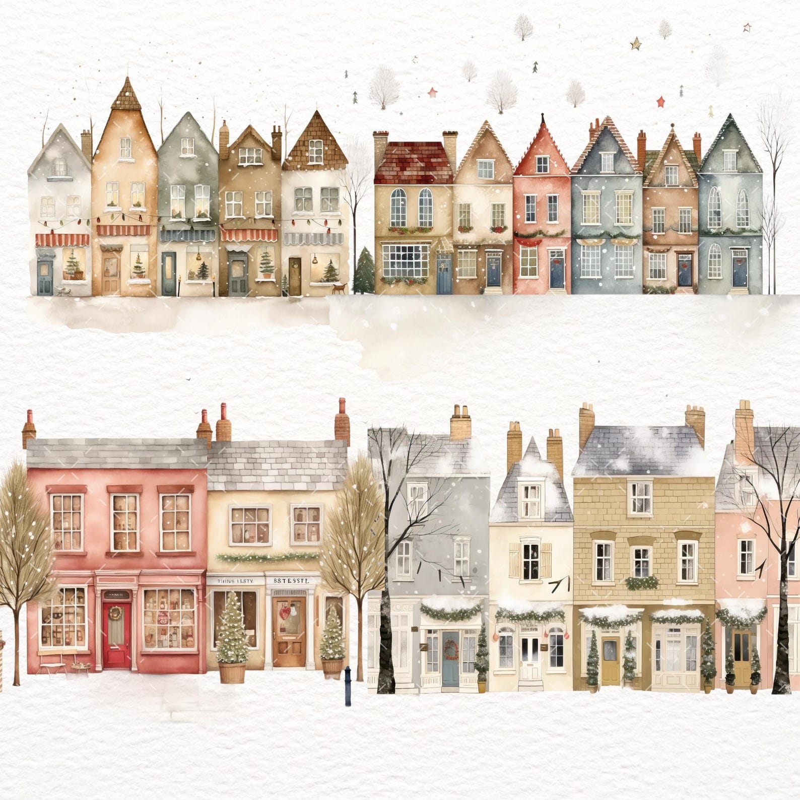 Rustic Christmas Village Clipart Snowy Houses Winter Village Scene ...