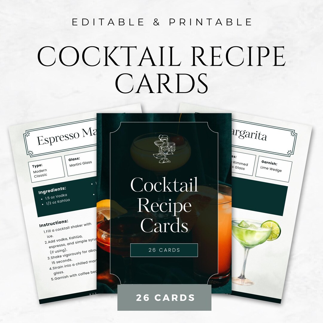 Cocktail Recipe Cards Templates Printable Drink Recipe Card Bar Cart ...