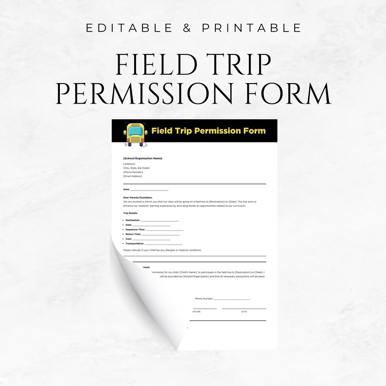 Field Trip Permission Form Template Printable School Trip Consent Form ...