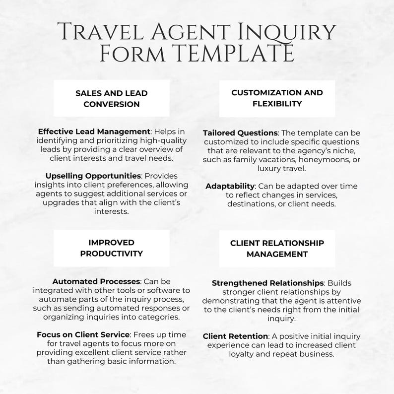 Travel Agent Inquiry Form Template Travel Business Form Travel Agency ...