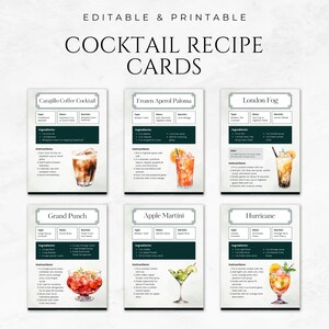 Cocktail Recipe Cards Templates Printable Drink Recipe Card Bar Cart ...