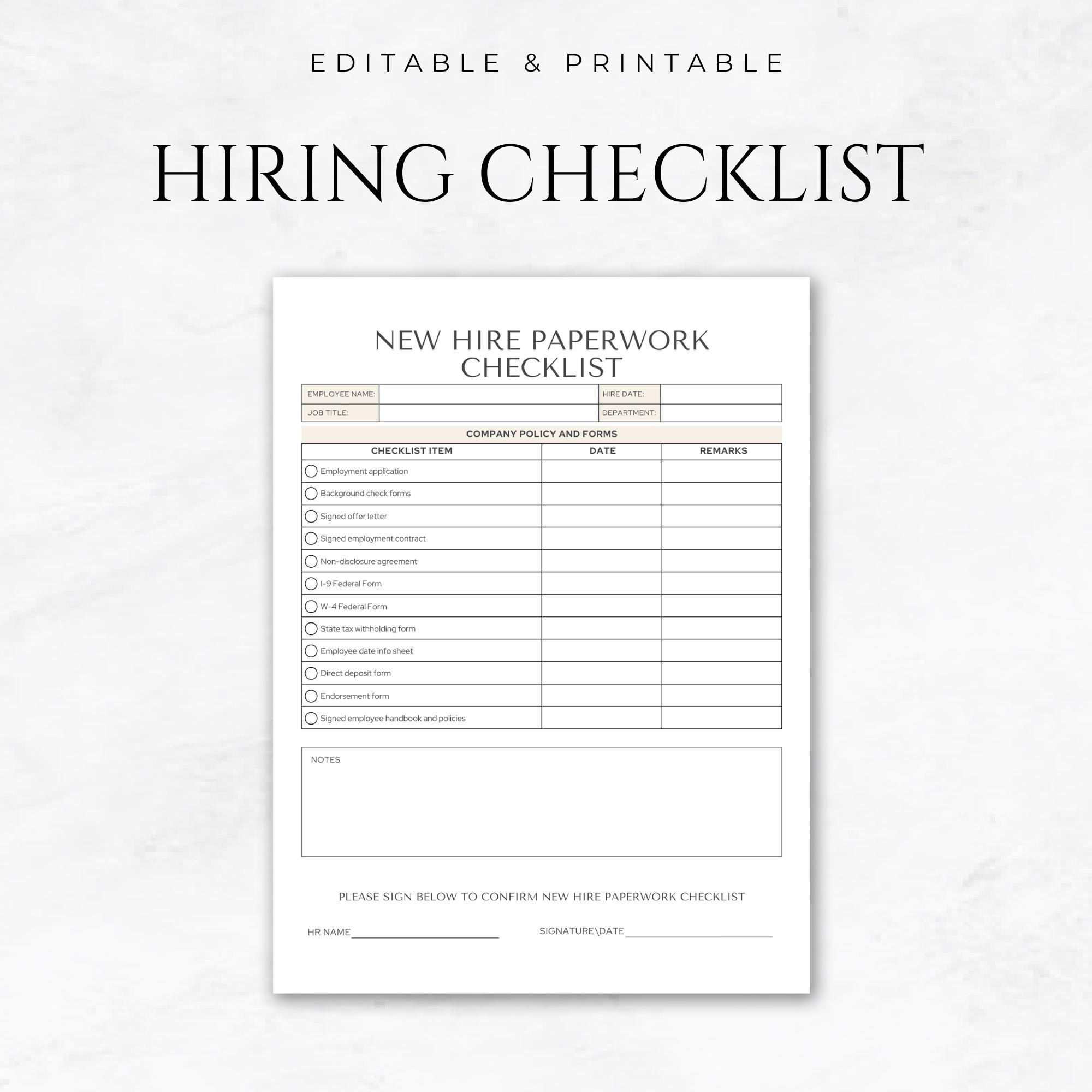 Hiring Checklist Template Printable New Hire Checklist Job Offer Letter ...