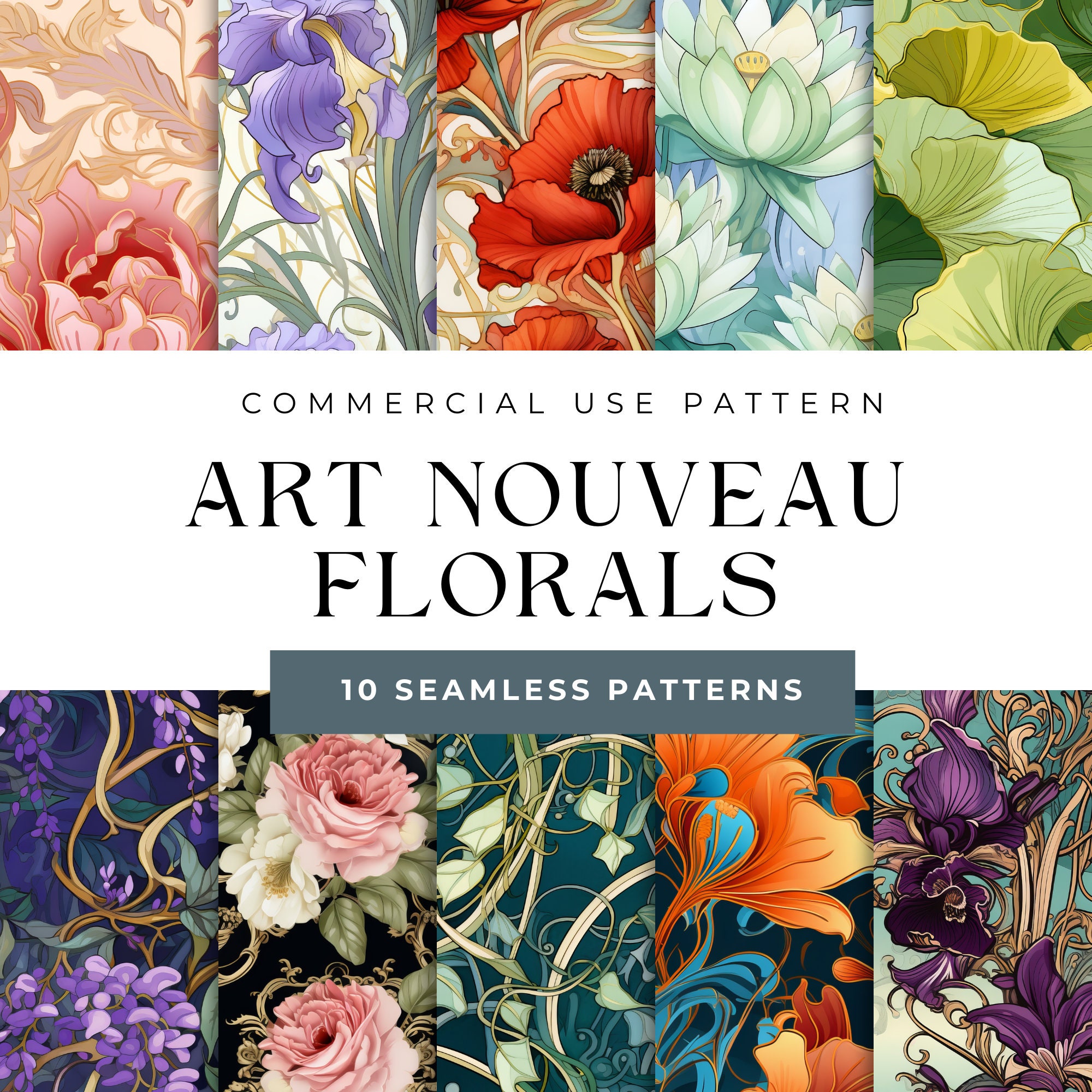 Seamless Art Nouveau Florals Digital Patterns Art Nouveau Patterns ...