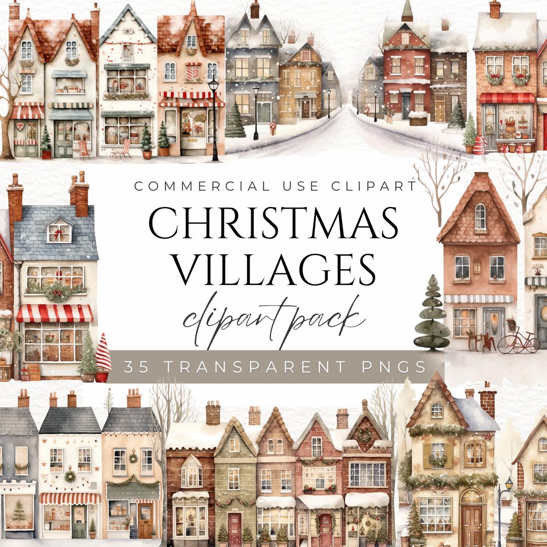 Rustic Christmas Village Clipart Snowy Houses Winter Village Scene ...