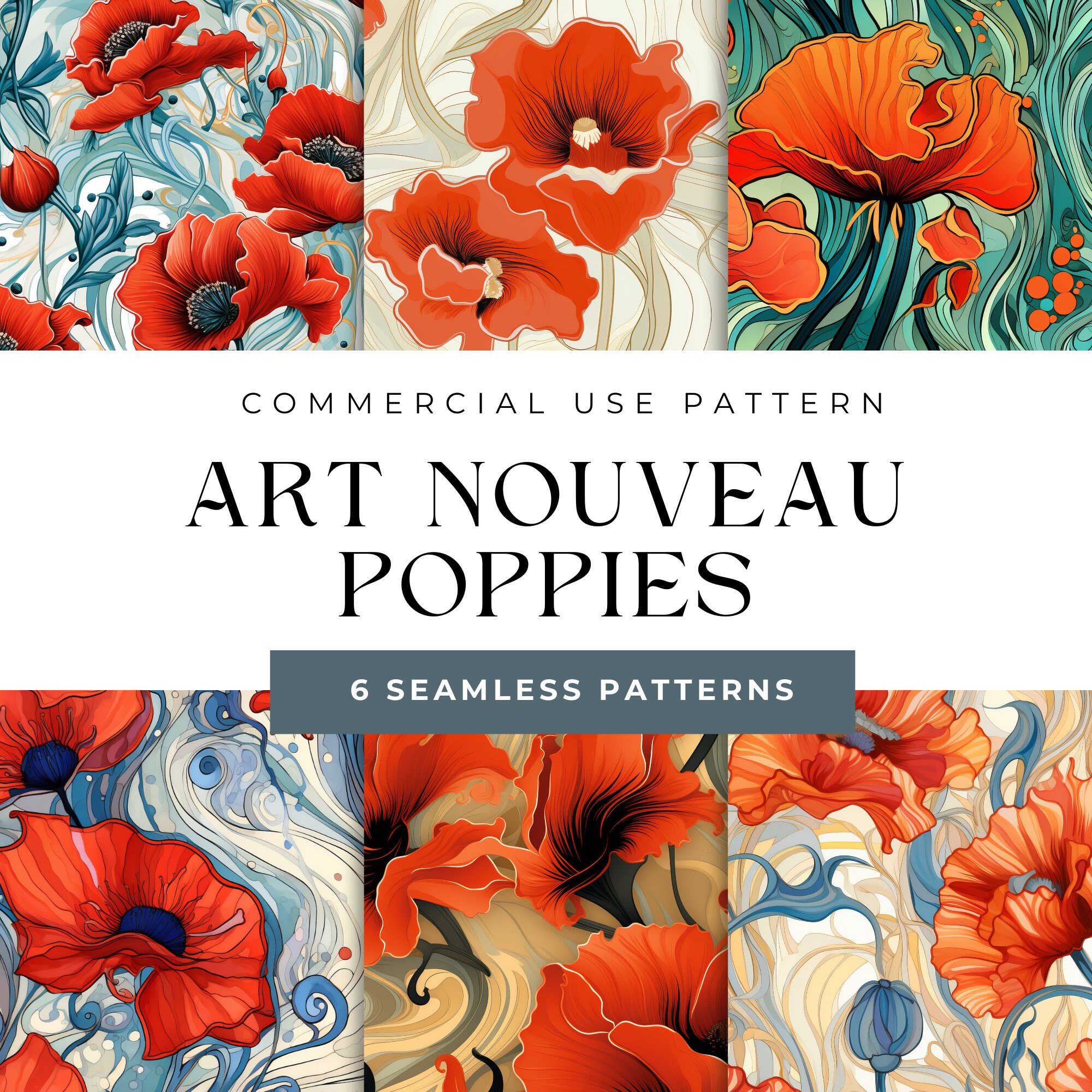 Seamless Art Nouveau Poppies Flowers Digital Patterns Poppy Floral ...