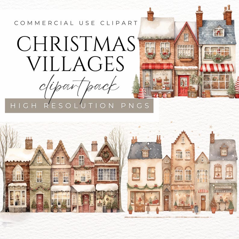 Rustic Christmas Village Clipart Snowy Houses Winter Village Scene ...