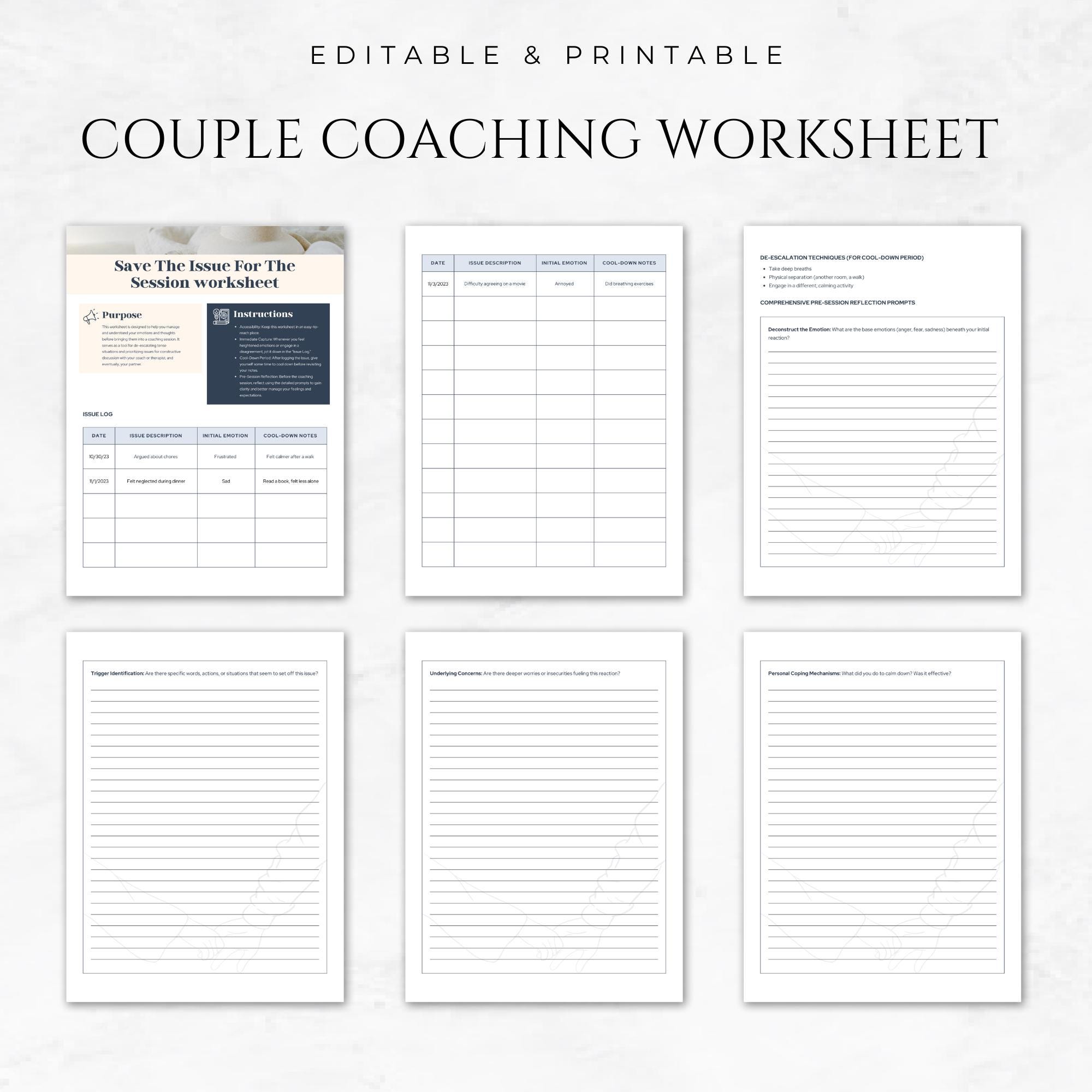 Couple Coaching Worksheet Template Printable Marriage Counseling Couple ...