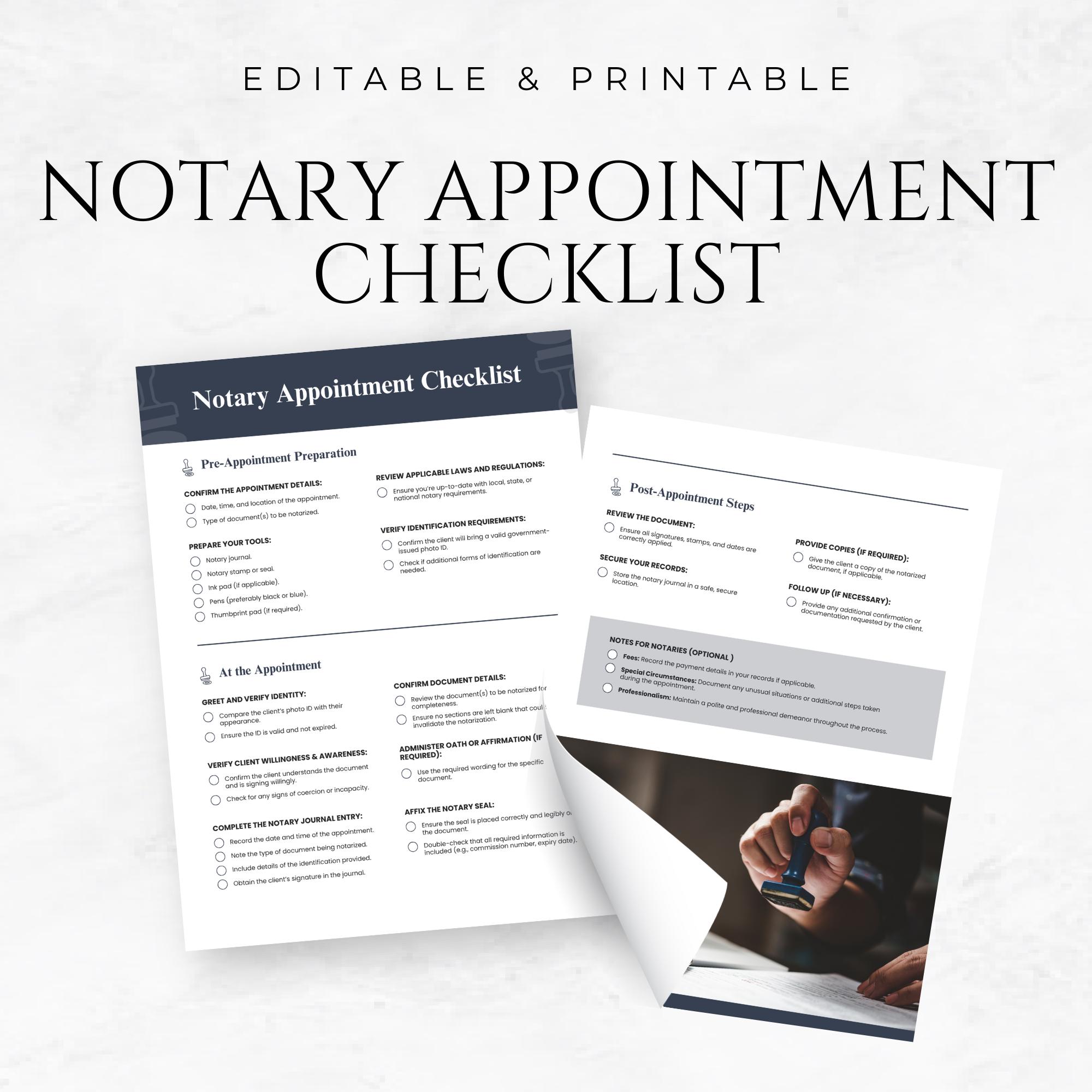 Notary Appointment Checklist Template Printable Legal Document ...