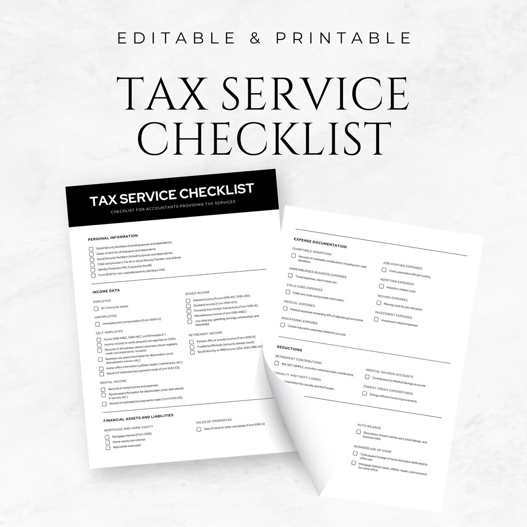 Tax Service Checklist Template Printable Tax Preparation Small Business Taxes Organizer Income ...
