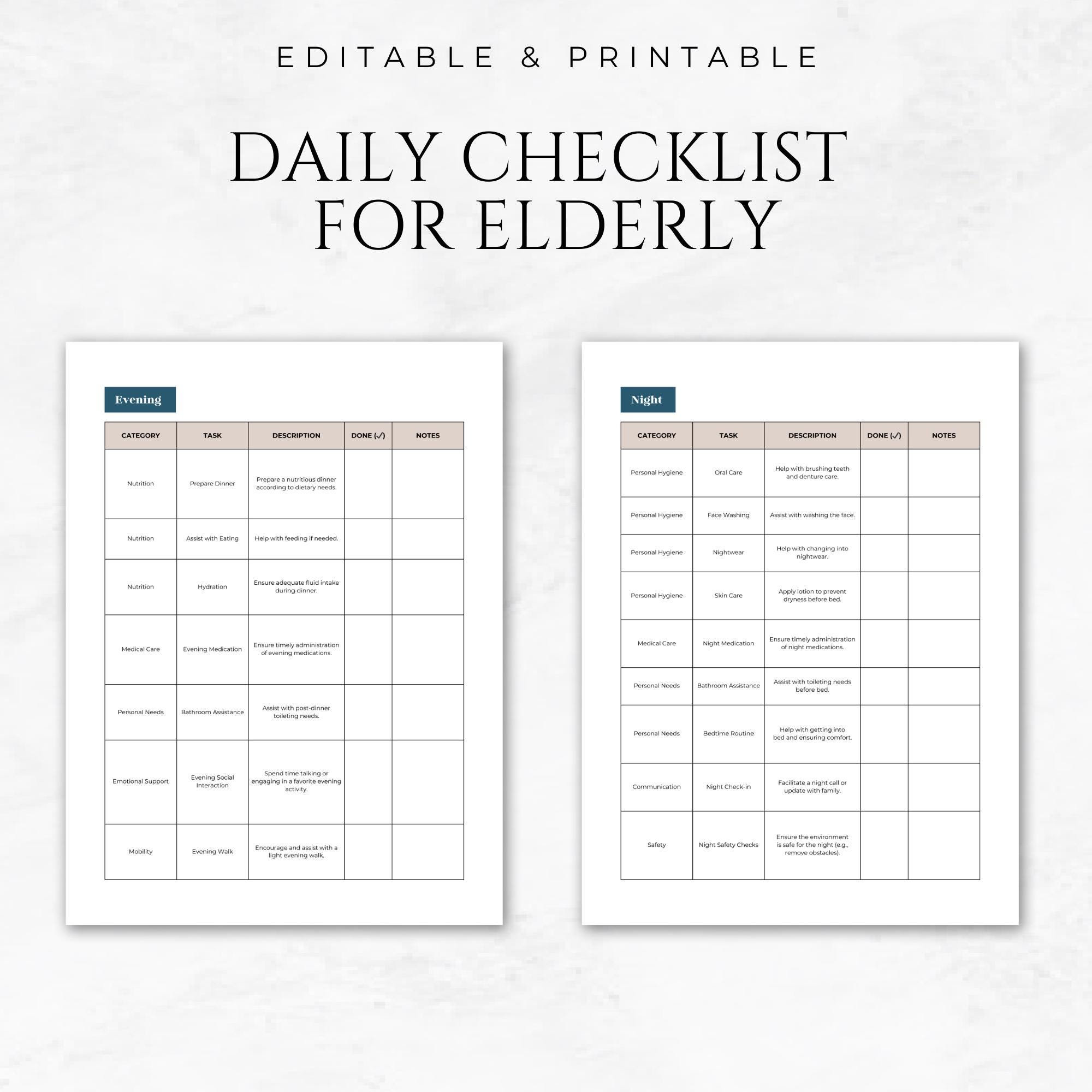 Daily Checklist for Elderly Senior Care Checklist Elderly Routine ...
