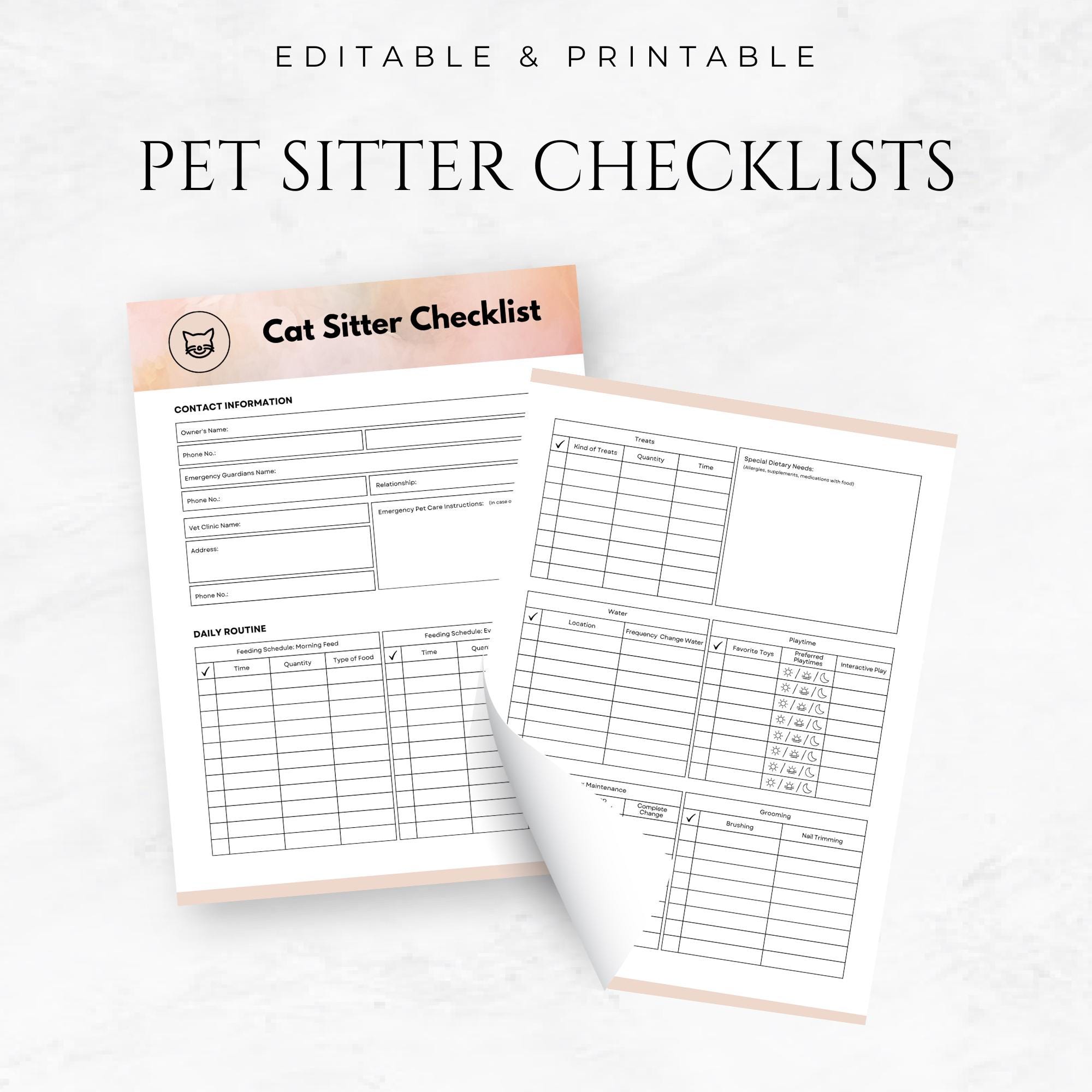 Pet Sitter Checklists Template Printable Dog Sitter Checklist Cat ...