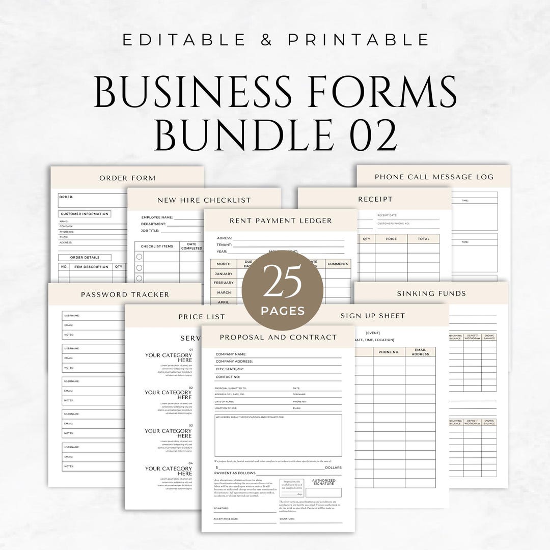 Business Forms Bundle Templates Printable Order Forms Password Tracker ...