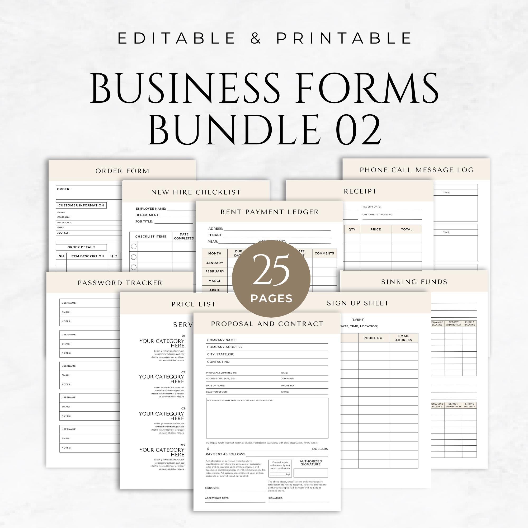 Business Forms Bundle Templates Printable Order Forms Password Tracker ...