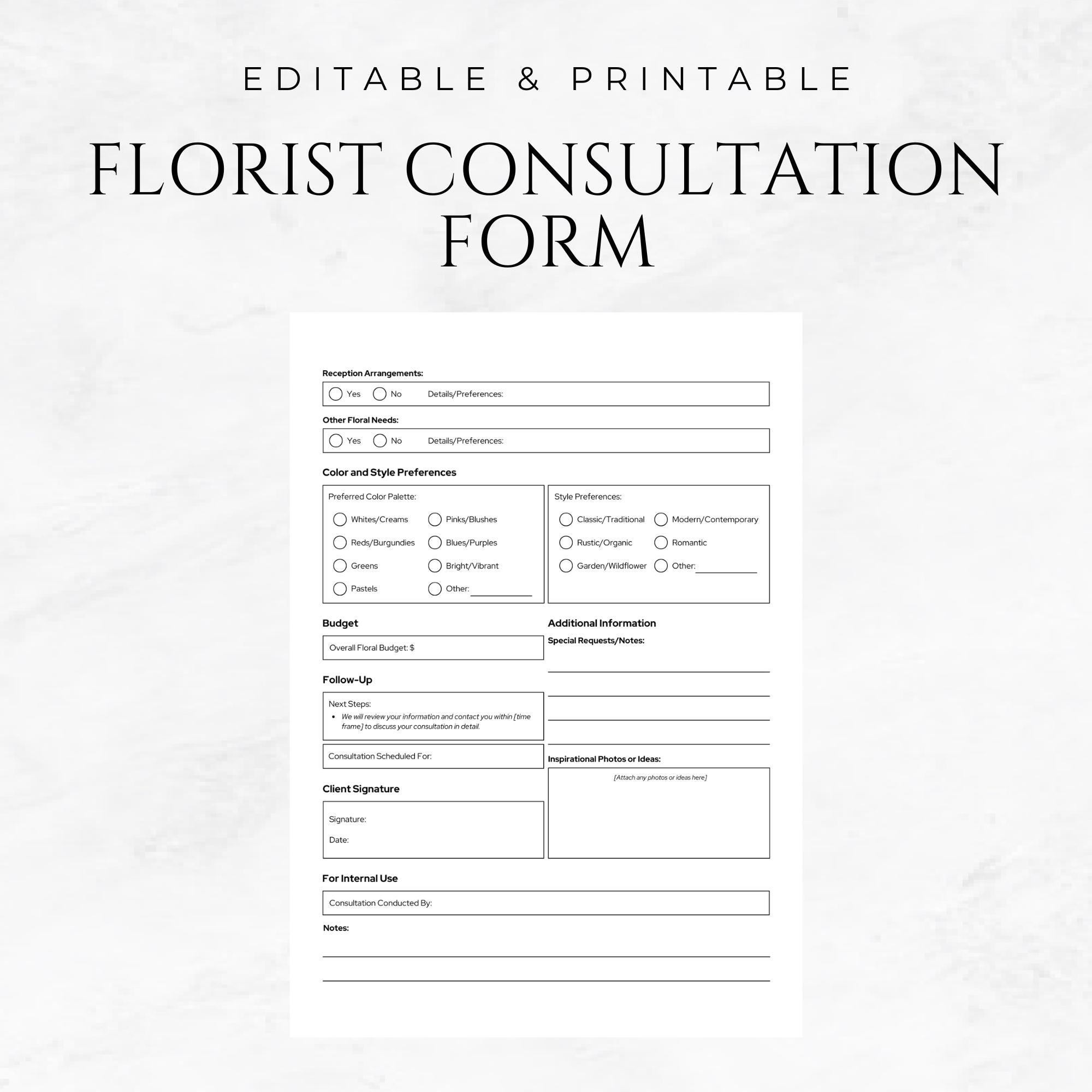 Florist Consultation Form Template Floral Business Form Flower Shop ...