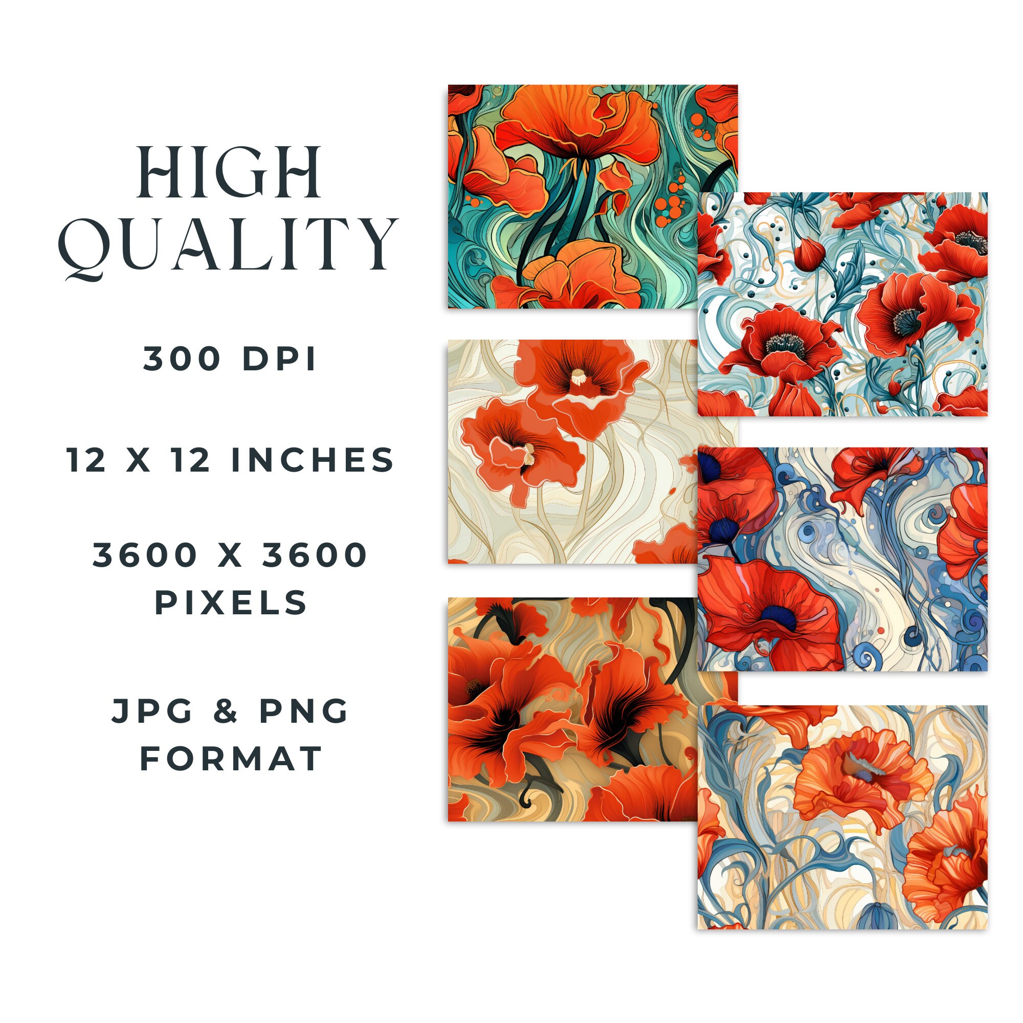 Seamless Art Nouveau Poppies Flowers Digital Patterns Poppy Floral ...