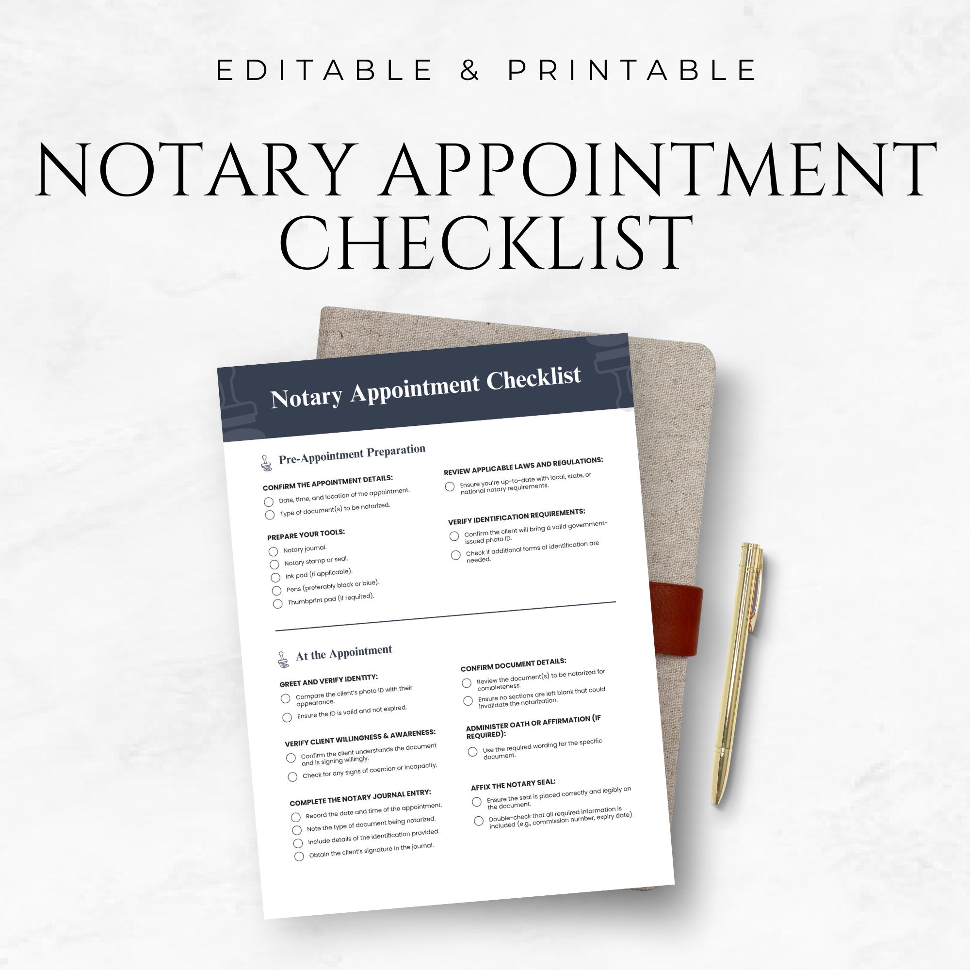 Notary Appointment Checklist Template Printable Legal Document ...