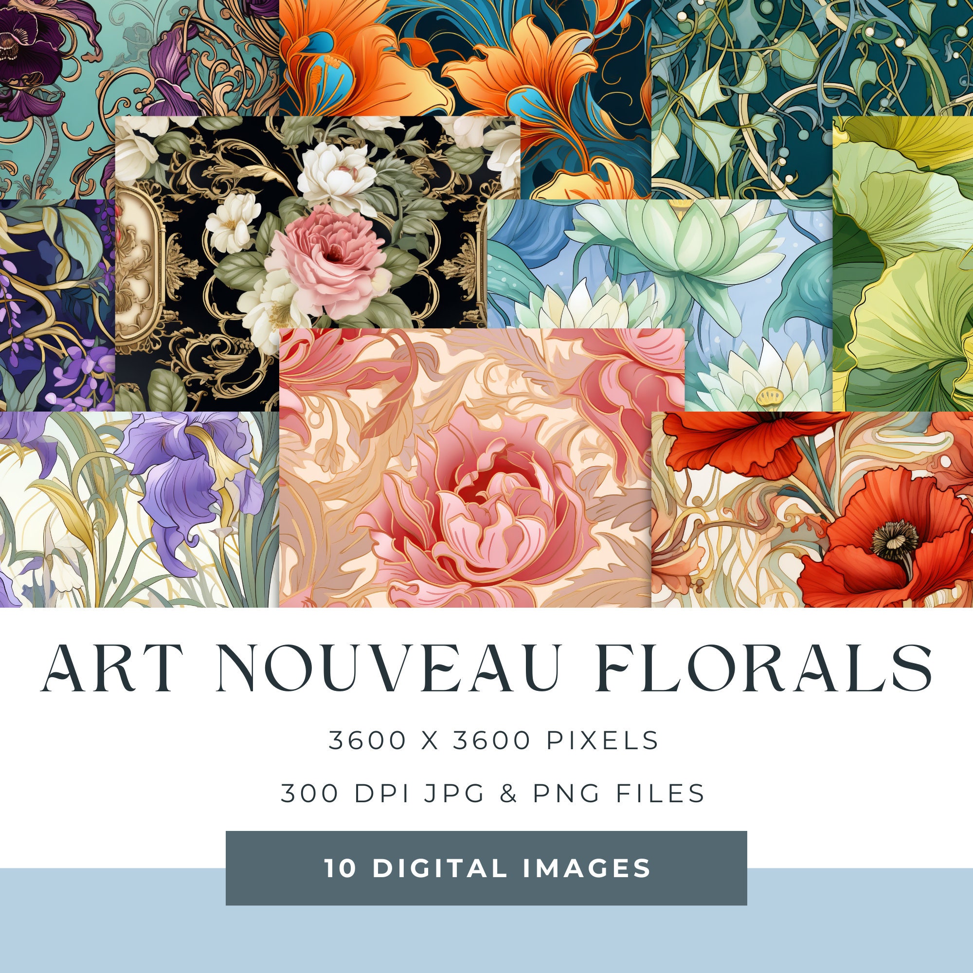 Seamless Art Nouveau Florals Digital Patterns Art Nouveau Patterns ...