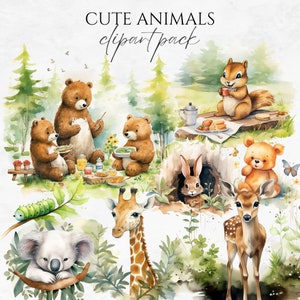 Cute Animals Watercolor Clipart Safari Animals PNG Woodland Creatures ...