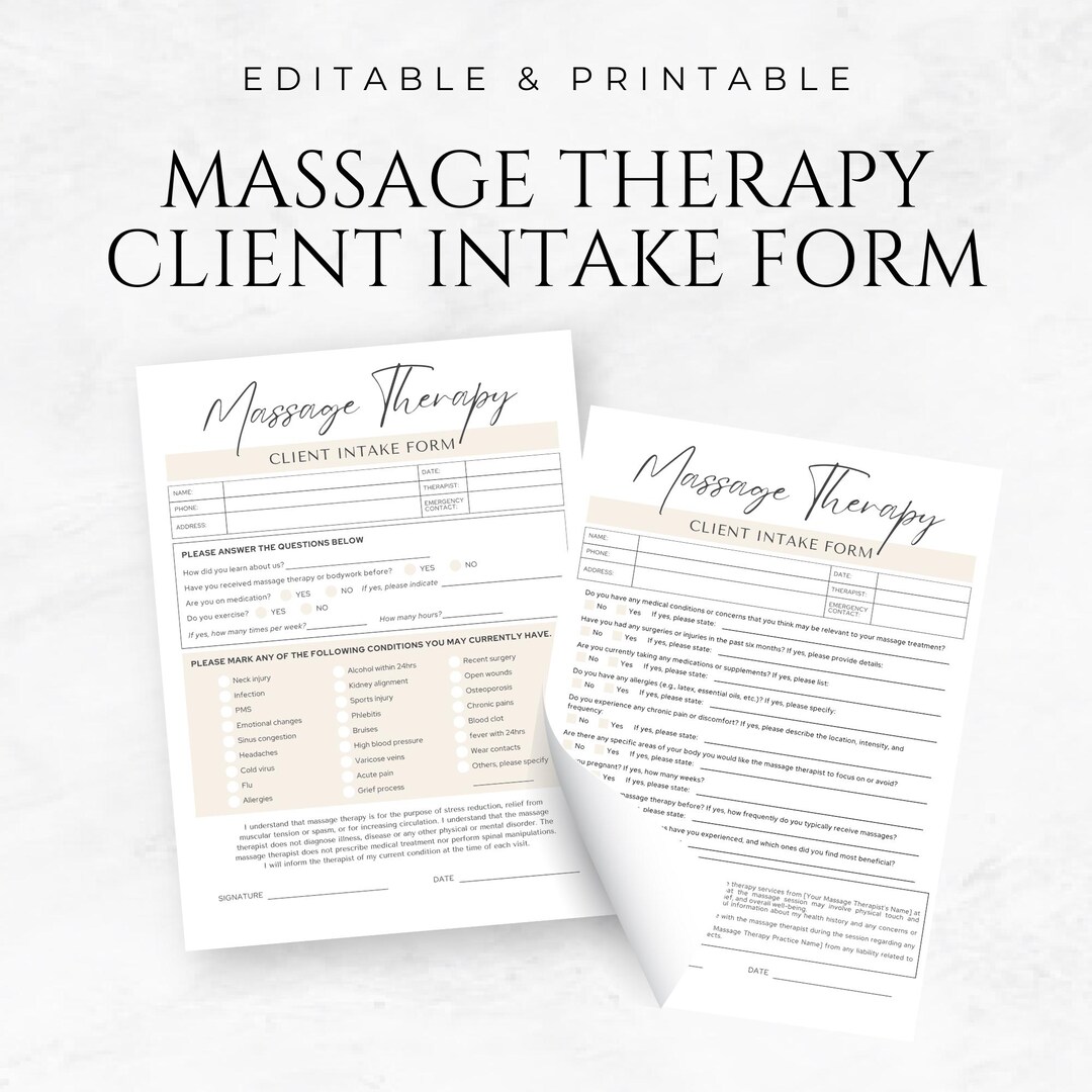 Massage Therapy Client Intake Form Template Printable Therapist Forms ...